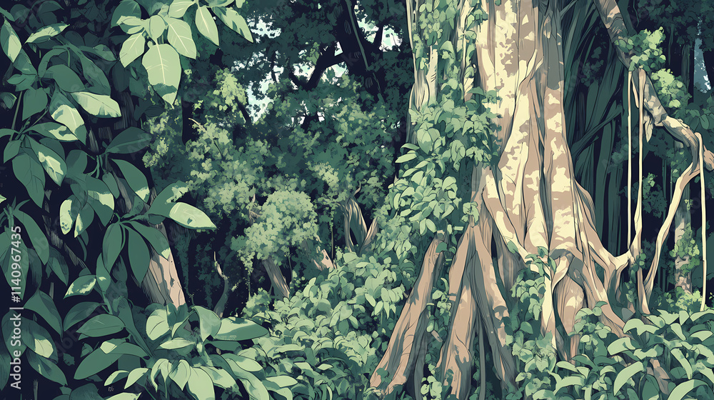 Vines and epiphytes growing on tree trunks, forestry, jungle foliage ...