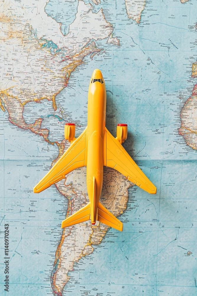 Bright yellow airplane model on a detailed world map shows the joy of ...