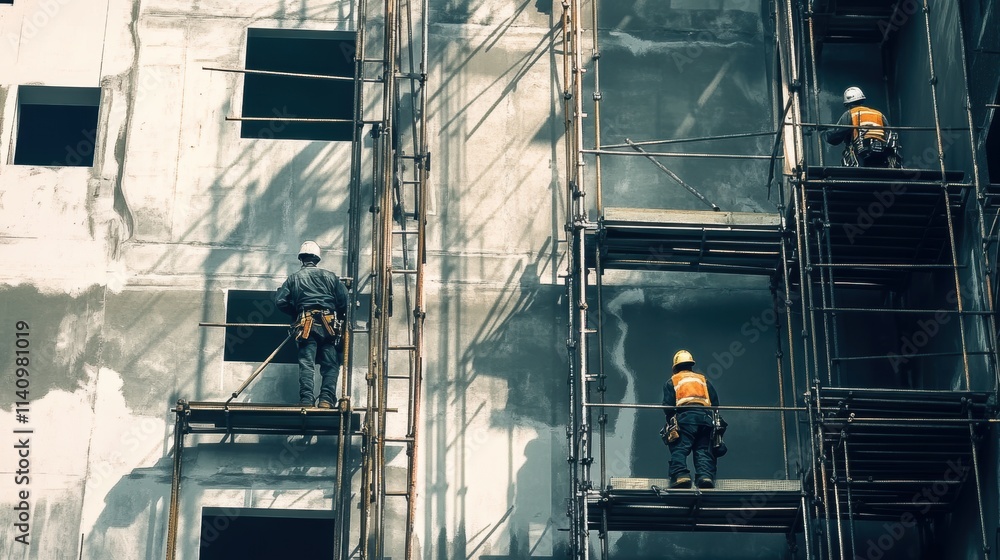 Vintage construction workers on scaffolding repairing building facades ...