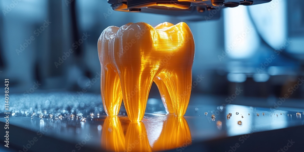Fully formed 3D-printed tooth model emerging from build plate of resin ...
