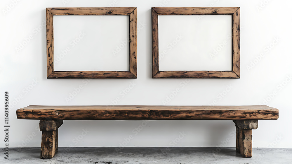Wooden rustic bench near white wall with two frames, farmhouse, country ...