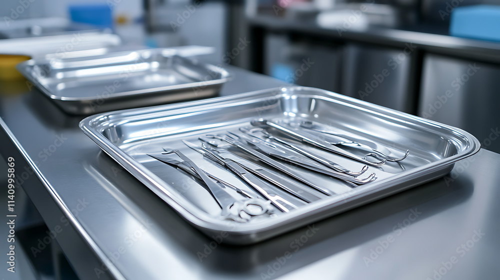 Sterile tray on hospital stainless steel table, sterile surgical ...