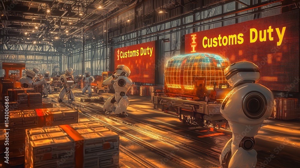 Futuristic robots managing customs in a busy warehouse filled with ...