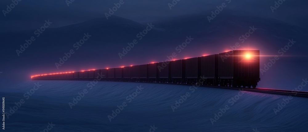 Long, straight line of shipping containers on a railway track. the ...