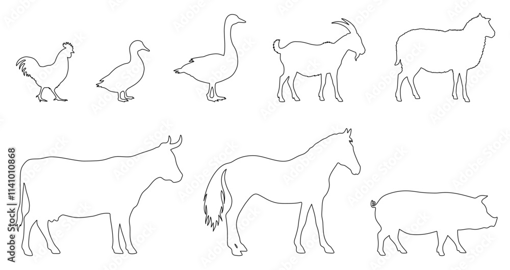 Farm Animal Livestock Outline Stamp Clipart Set on a Transparent ...