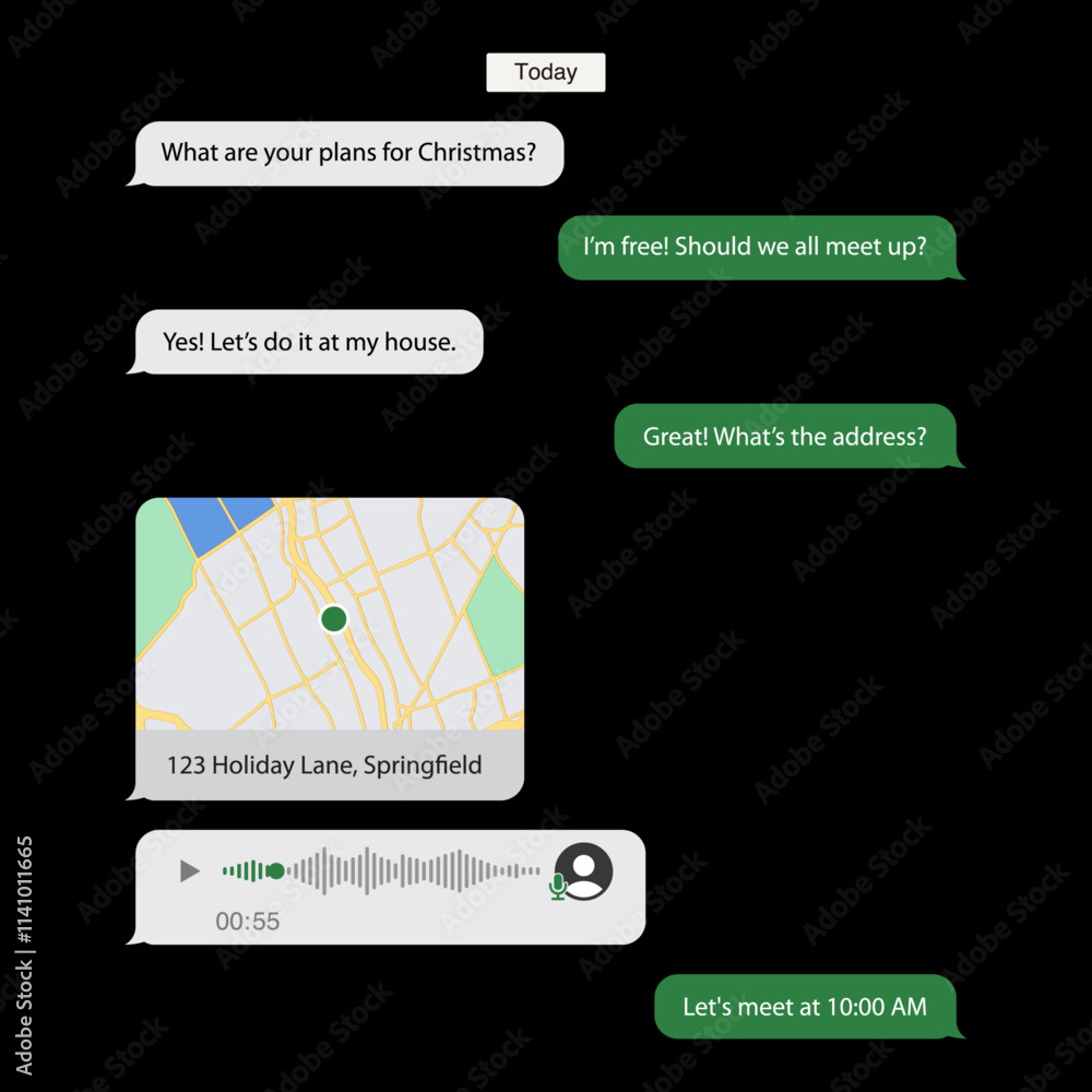 Messenger Interface Mockup: Location Pin Map, Voice Messages, and Flat ...