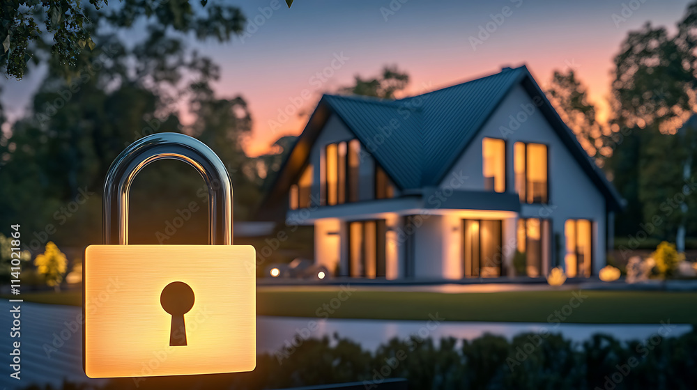Luminous padlock is glowing in front of a modern house with lights on ...
