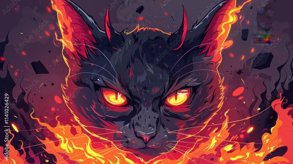 Cartoon cat face with devil horns, fiery background Stock Illustration ...