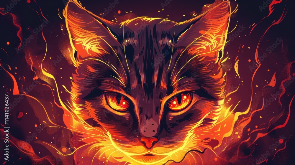 Cartoon cat face with devil horns, fiery background Stock Illustration ...