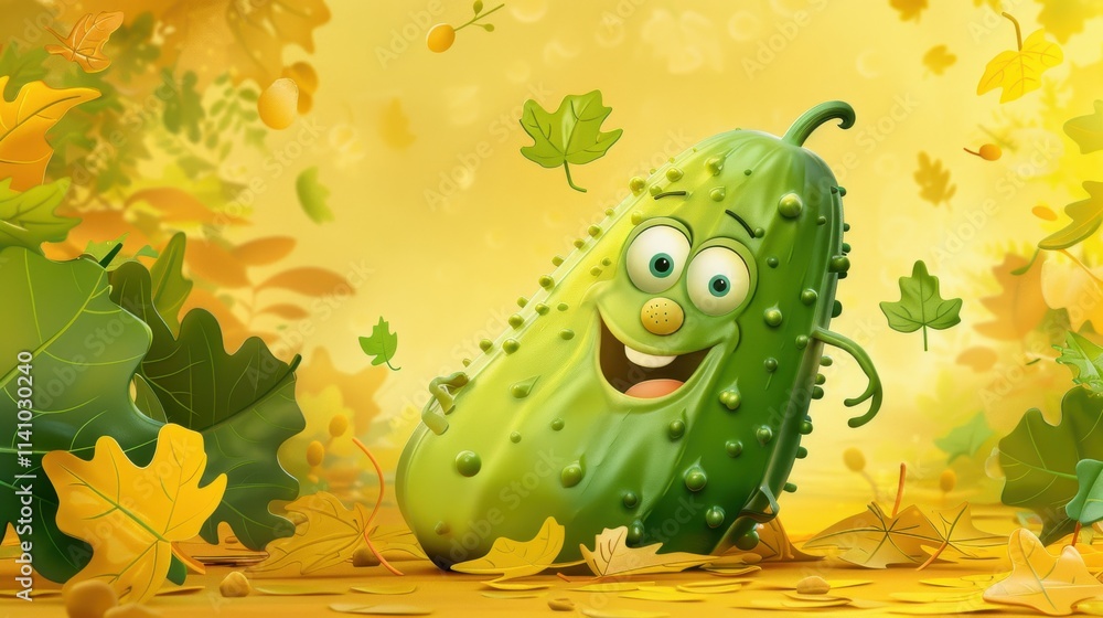 Cartoon pepino with a big grin, yellow background with leaves Stock ...