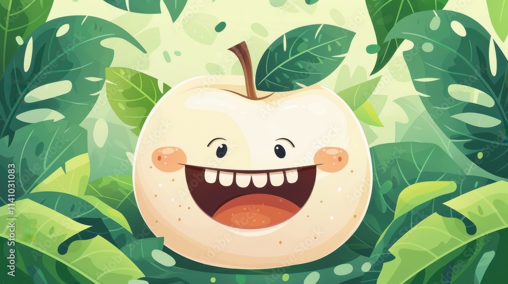 Cartoon white sapote with a big grin, green background with leaves ...