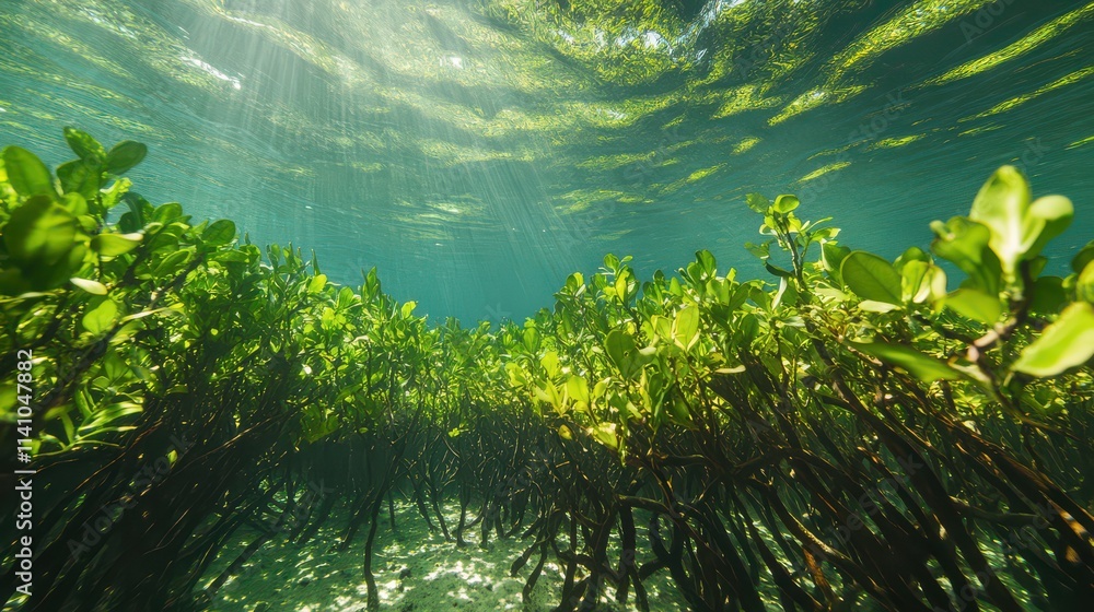 Bottom-up view green mangrove forest canopy. Natural carbon sink fight ...