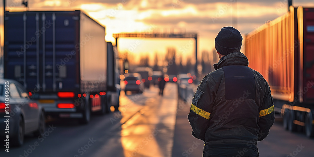 Customs officer standing at a border checkpoint, monitoring truck ...