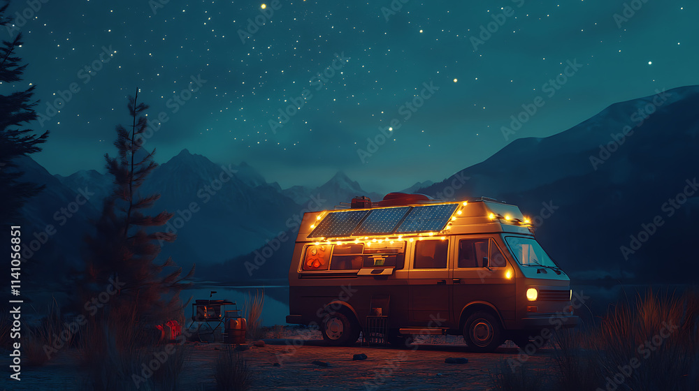 Camper van lit by fairy lights stands under a night sky, equipped with ...