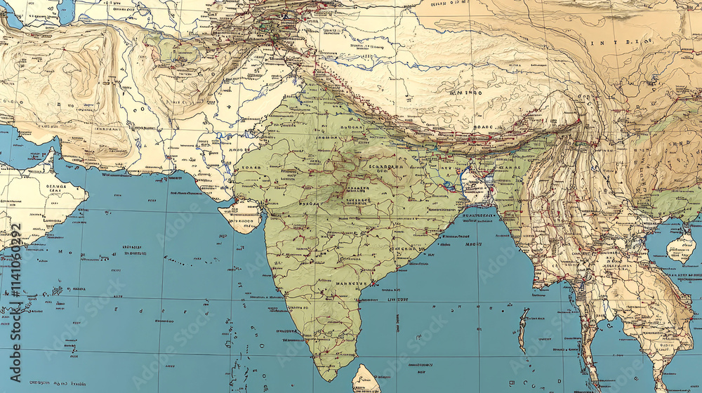Vintage map of India showing geographical features. Stock Illustration ...