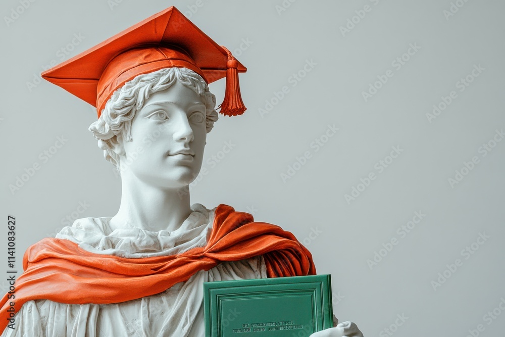 A white marble bust depicts a male student wearing a bright red ...