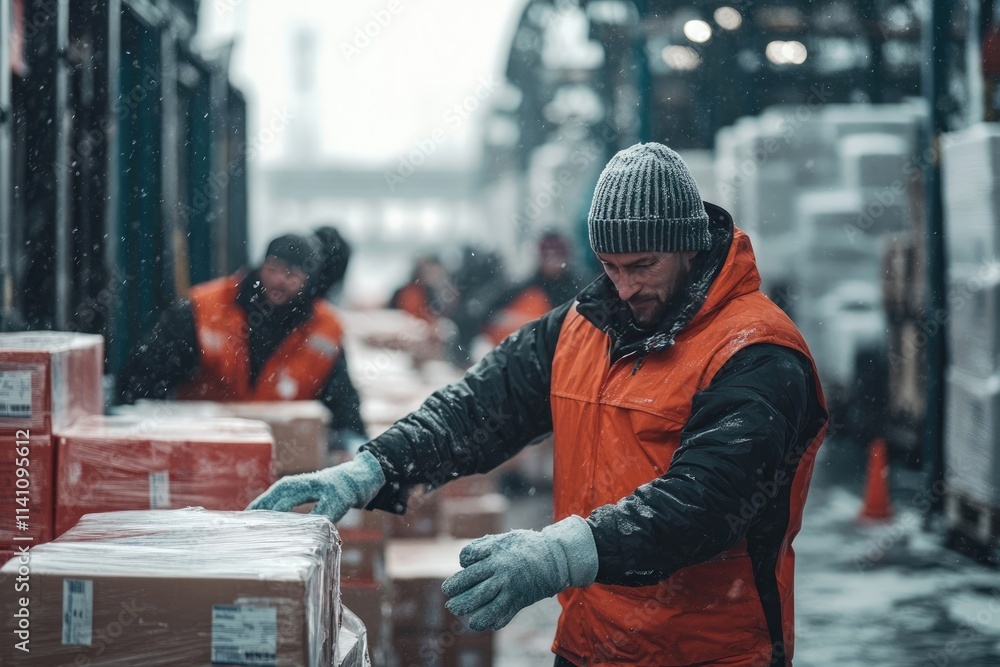 Workers in waterproof jackets and gloves carefully pack boxes on a ...