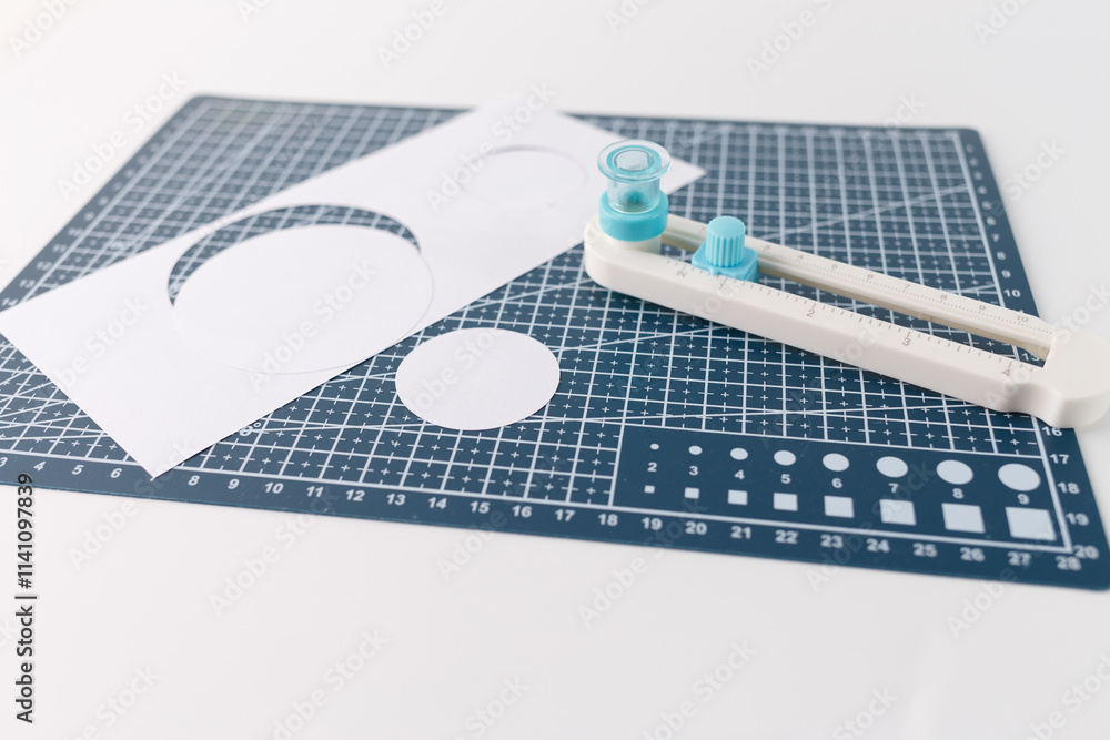 crafting tools and materials used for cutting circles. blue cutting mat ...
