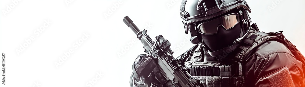 Soldier in tactical gear, posing with firearm, white isolate background ...