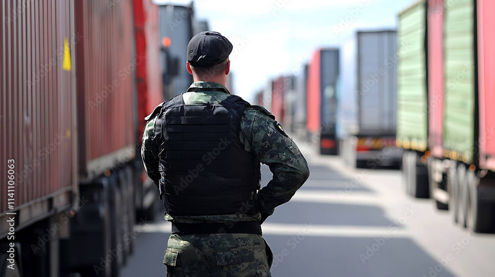 Ilustración de Stock customs officer monitors trucks at border ...