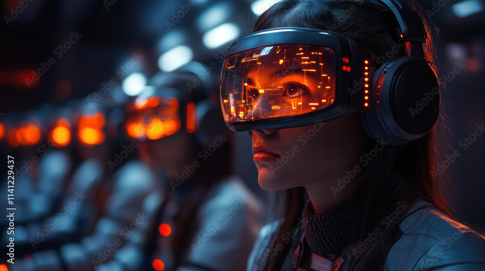 Foto de Stock futuristic classroom with students using advanced VR ...