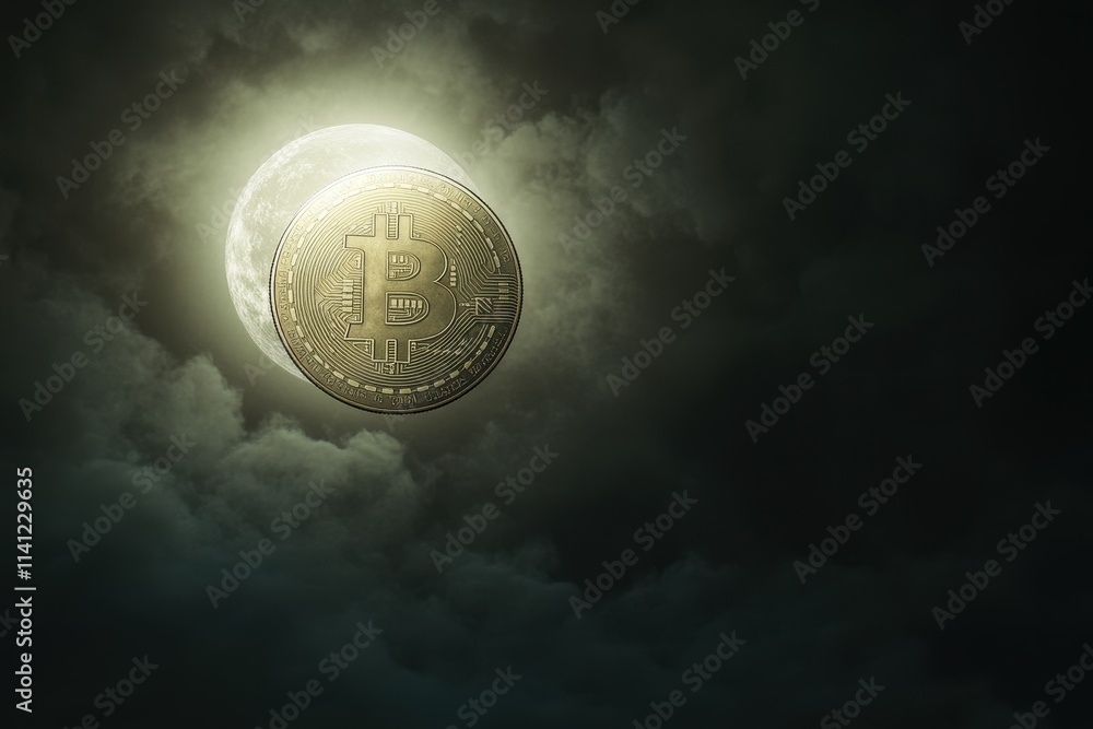 Bitcoin Coin Flies Through Dramatic Night Sky Behind Dark Clouds and ...