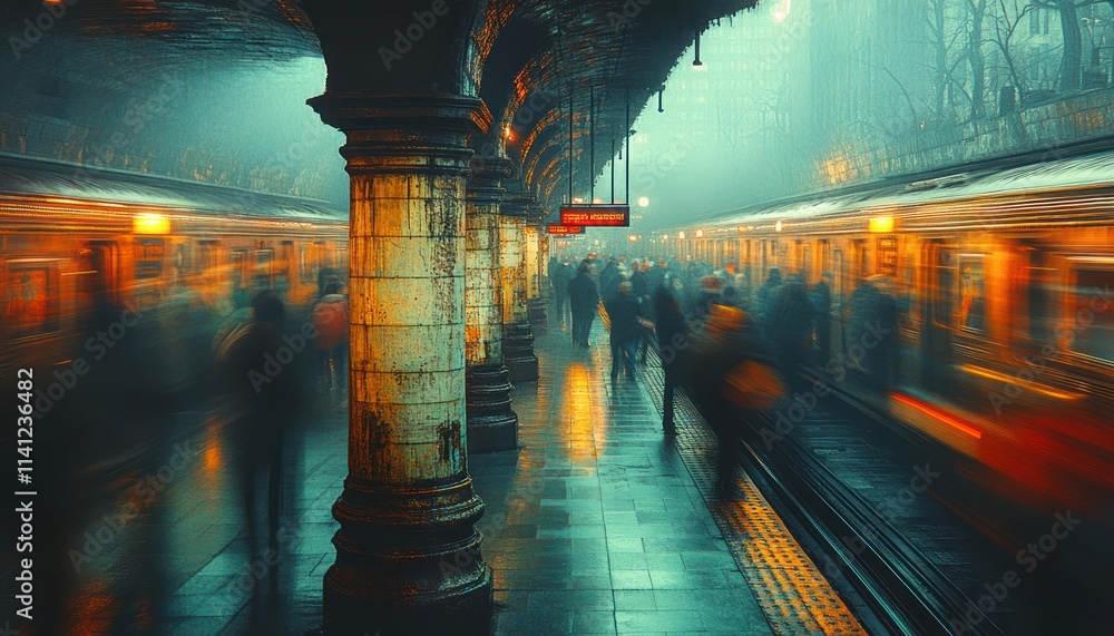 Empty advertising pillar in subway station with commuters and trains in ...