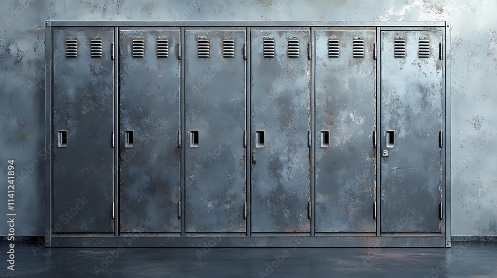 Symmetrical metal lockers lined up in a hallway, offering a simple and ...