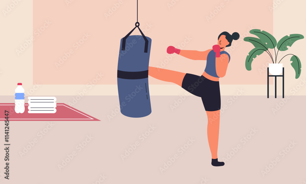 Girl boxer illustration. Woman fights boxing training vector cartoon background with aggressive ...