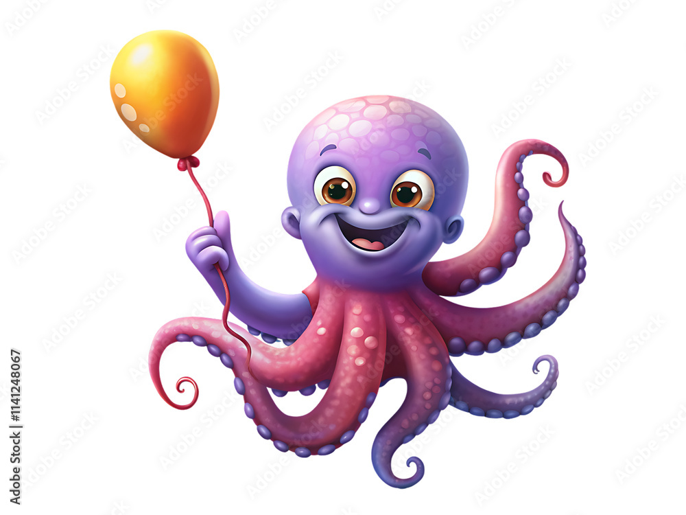 cartoon happy octopus holding balloon on transparent background Stock ...