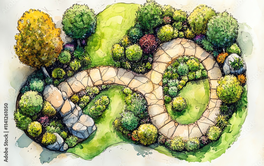 Handdrawn garden plan with detailed trees, winding pathways, and green ...