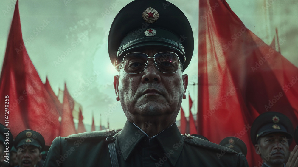 Scene of a socialist military dictatorship, with an Asian leader with ...