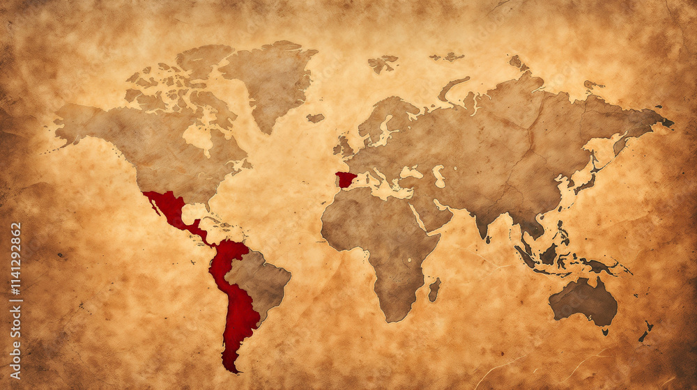 Vintage world map highlighting the Spanish speaking regions and ...