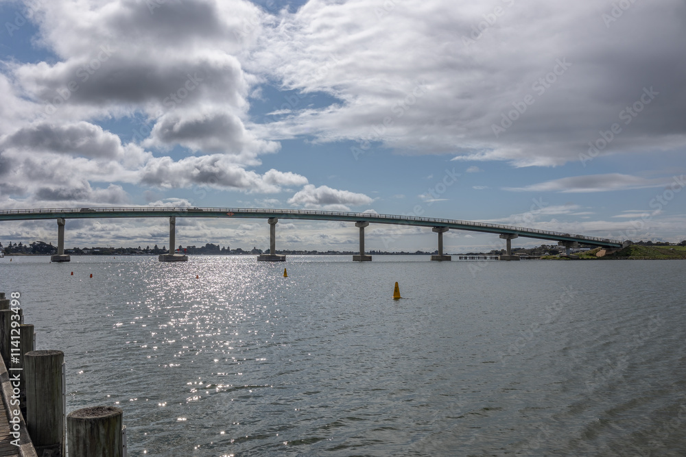 The curved Hindmarsh Island road bridge spanning the Murray River ...