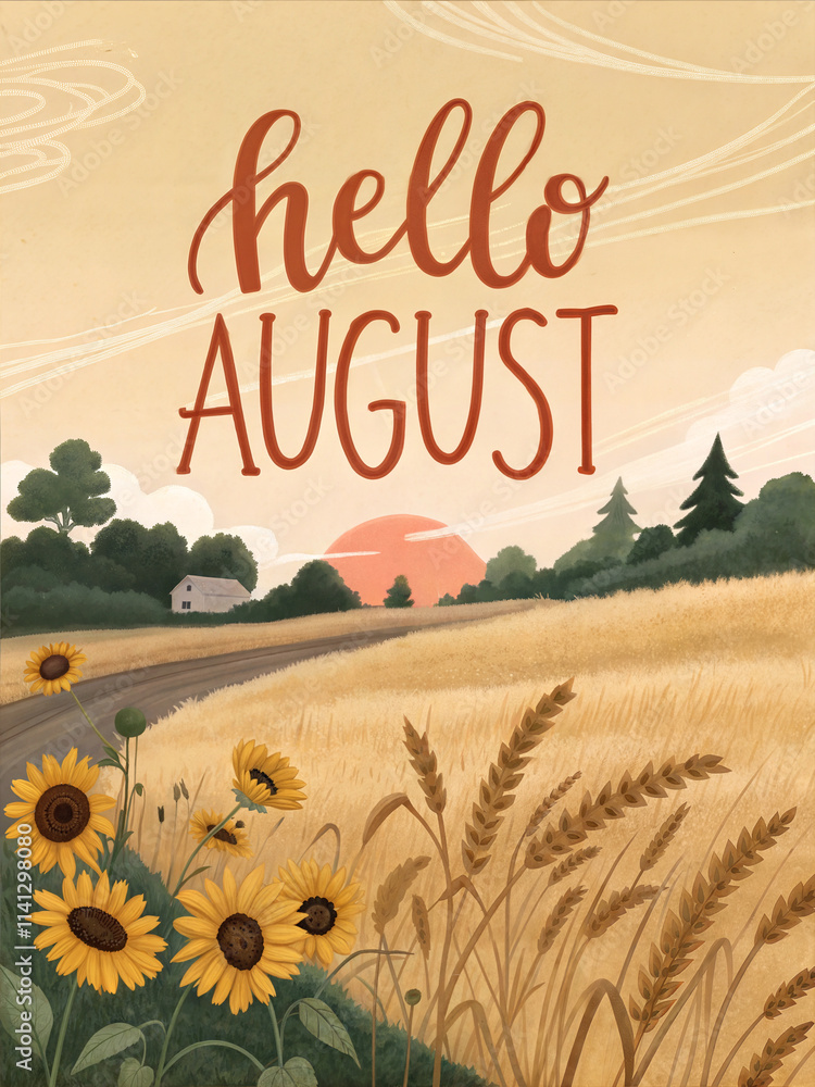 Hello August, welcome August typography. Cozy illustration for ...