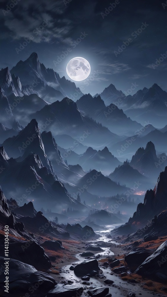 An atmospheric photo of a mountain range under a full moon, full moon ...