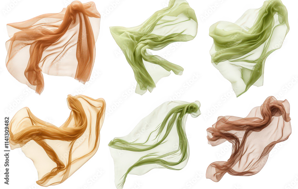 six flowing fabric swatches in various shades of brown and green the ...
