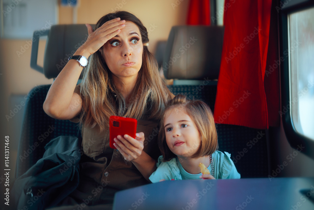 Mom Checking Phone Worried about Train Travelling. Mother feeling ...