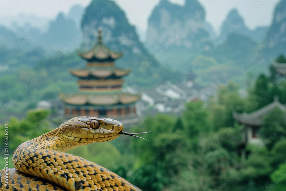 Snake in Natural Landscape of China with Mountains and Rivers for Lunar ...