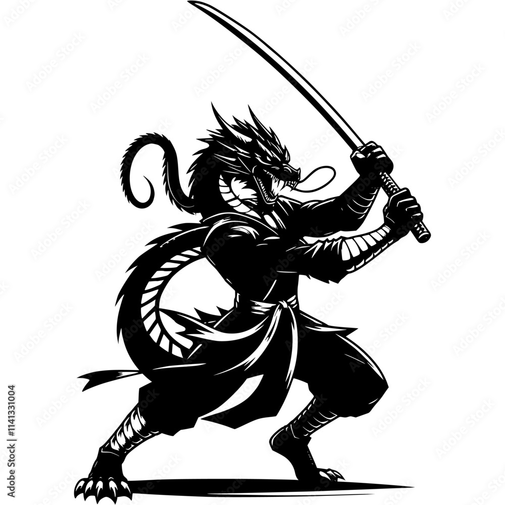 Ninja dragon master in katana sword attacking position in monochrome ...