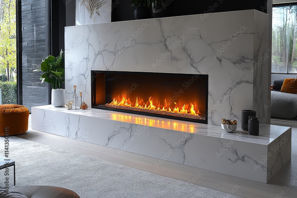 White low-profile electric fireplace with LED-lit stone surround ...
