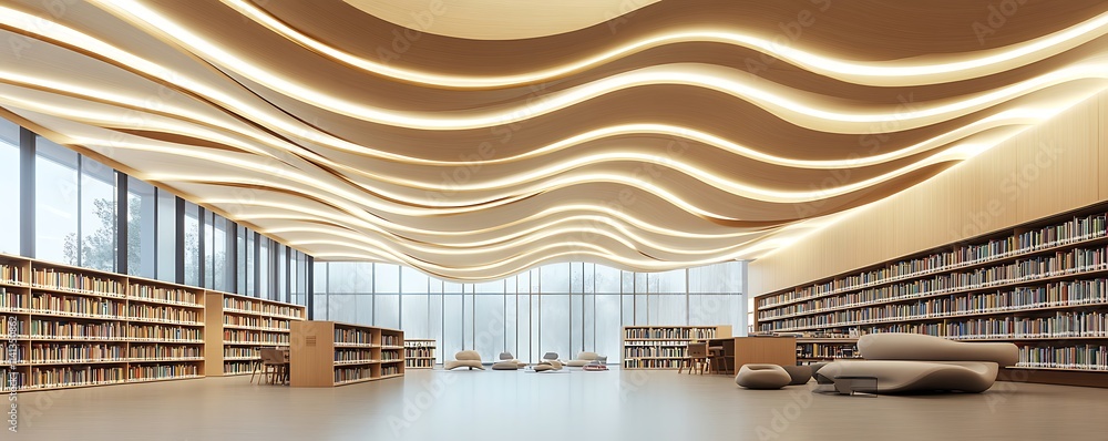Curved acoustic ceiling panels creating a wave effect in a modern ...