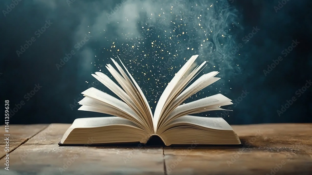 Glossy hardcover book with floating pages mid flip against a subtle ...