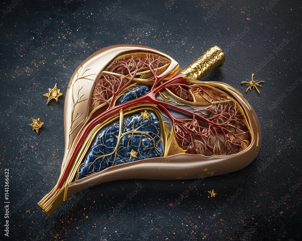 Cross-section of human liver showing bile ducts and blood vessels Stock ...