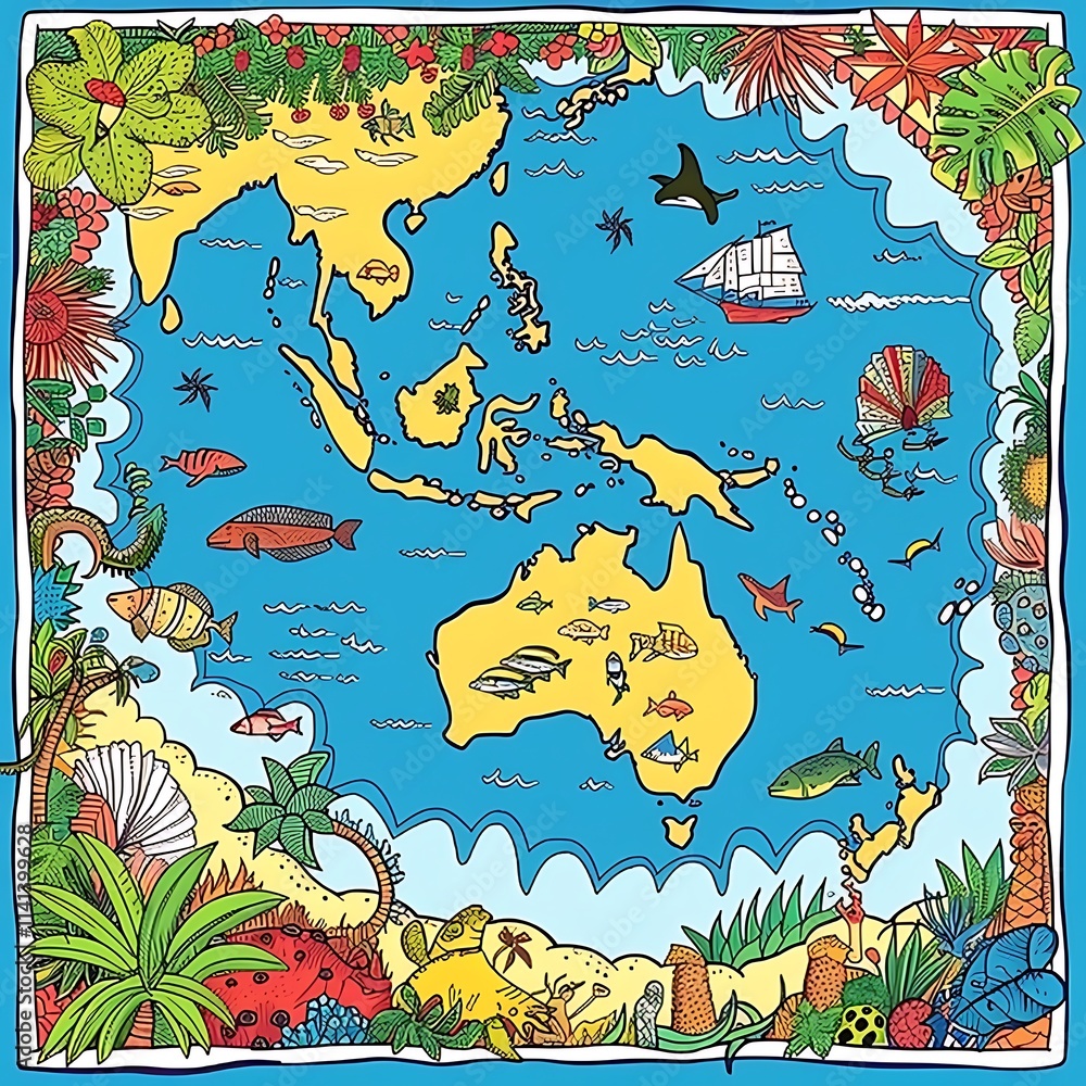 Exploring marine life and islands oceania map illustrated artwork ...