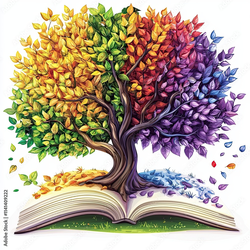 Colorful tree growing from an open book illustration , A vibrant, artistic illustration of a ...