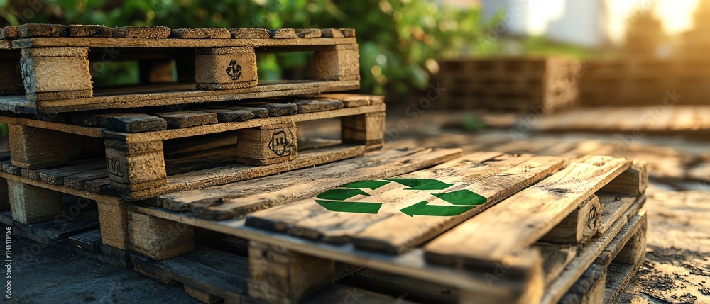 Stack of wooden pallets with ecofriendly green recycling symbols ...