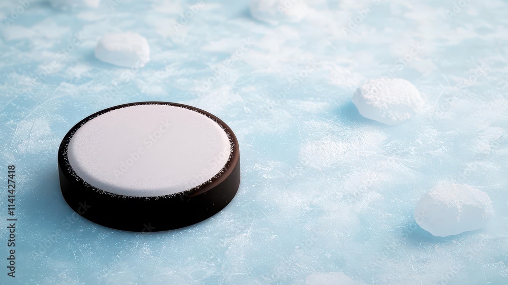 3D of a hockey puck sliding across the bright ice, leaving a trail of ...