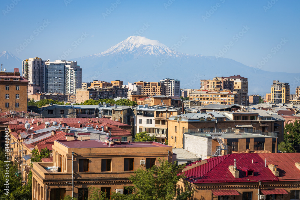 Yerevan rooftop view in historical center with huge mountain Ararat in ...