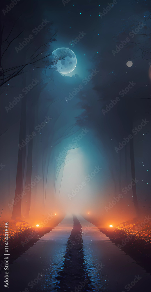 moon illuminates the road on a night background. Forest, fog. Banner ...